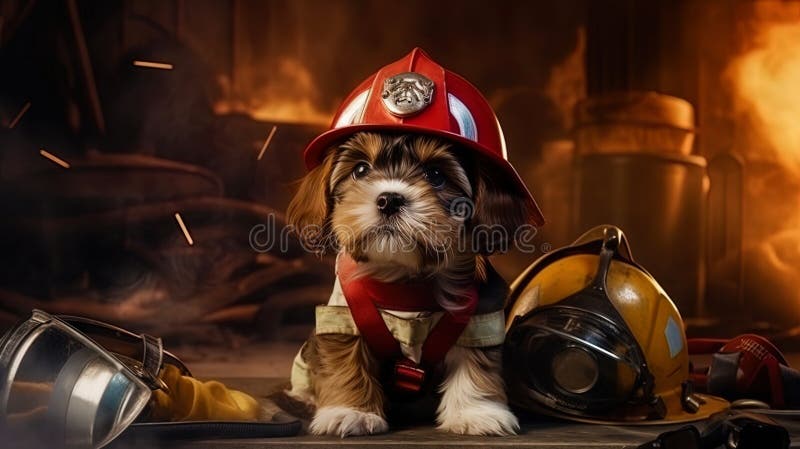 A Fire Dog with a Helmet and a Fire Extinguisher in the Paws Stock ...