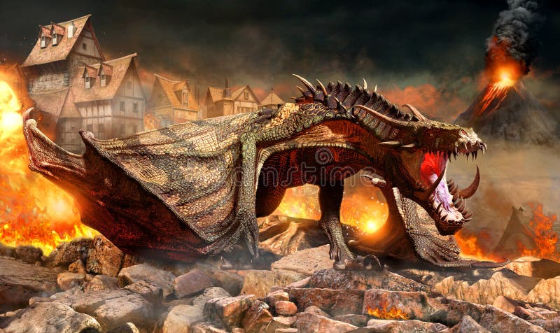 Fire Dragon Attacking a Village 3D Illustration Stock Illustration ...