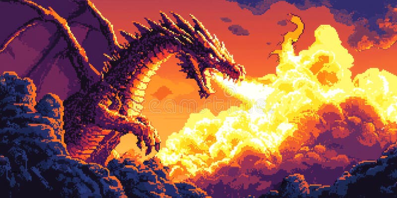 Fire Dragon in 8-bit Pixel Style with Burning Flames Stock Photo ...