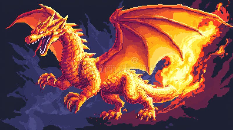 Fire Dragon in 8-bit Pixel Style with Burning Flames Stock Photo ...