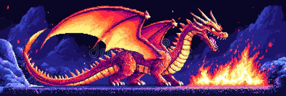 Fire Dragon in 8-bit Pixel Style with Burning Flames Stock Image ...