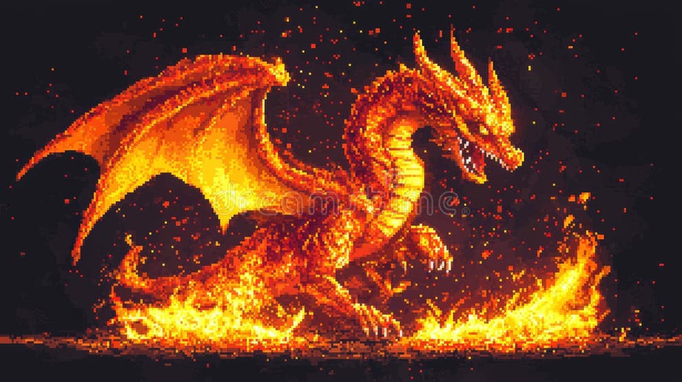 Fire Dragon in 8-bit Pixel Style with Burning Flames Stock Photo ...