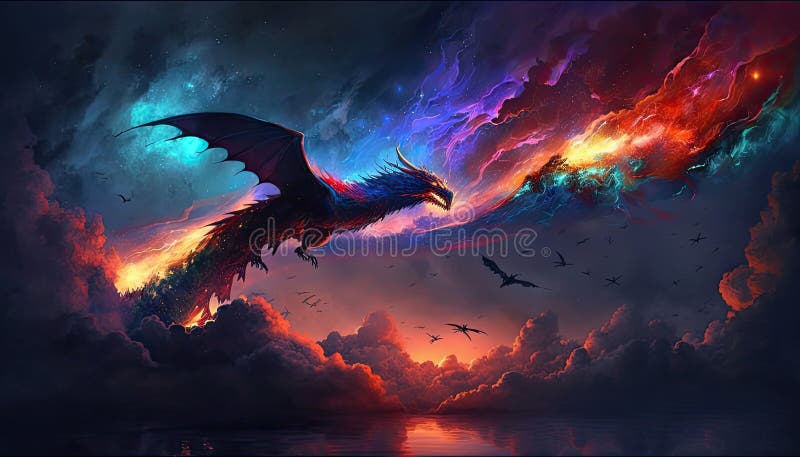 Fire Dragon Flying in Dark Sky Cloud, Generative AI Stock Illustration ...