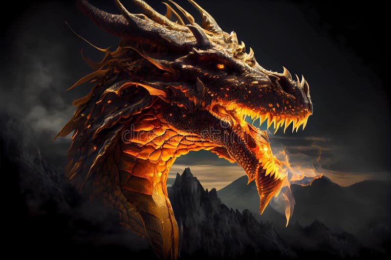 Fire Dragon Head. Blaze with Fire. Fabulous Creature Stock Illustration ...