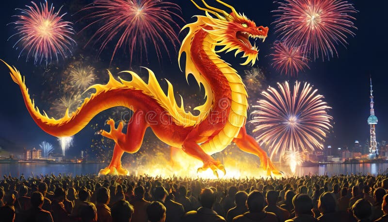 Fire Dragon Igniting the Night Sky AI Generative Stock Image - Image of ...