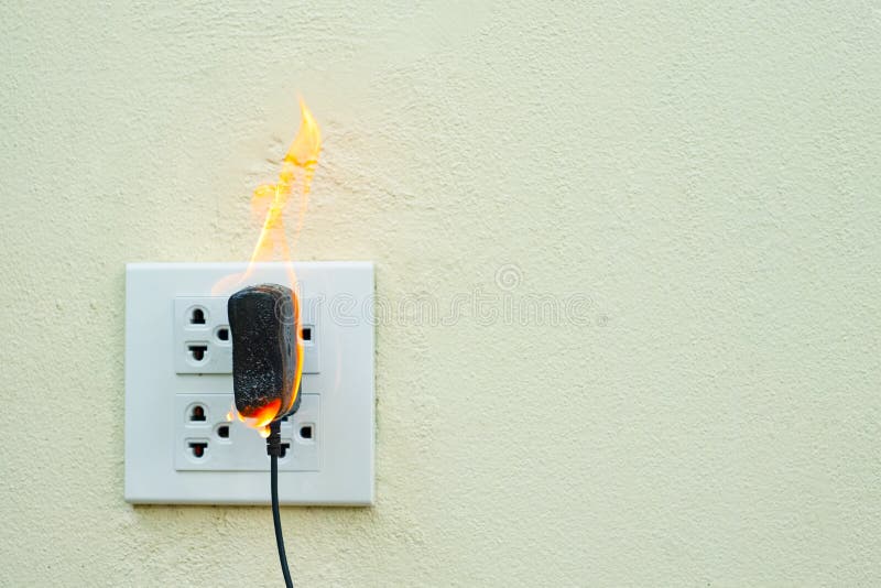 On Fire Electric Wire Plug Receptacle and Adapter on White Background ...