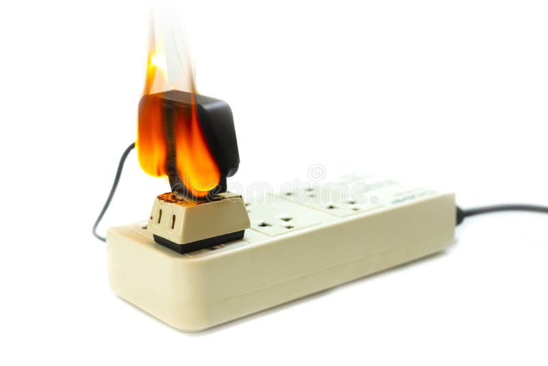 On Fire Electric Wire Plug Receptacle and Adapter on White Background ...