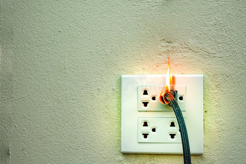 On Fire Electric Wire Plug Receptacle Wall Partition Stock Image ...