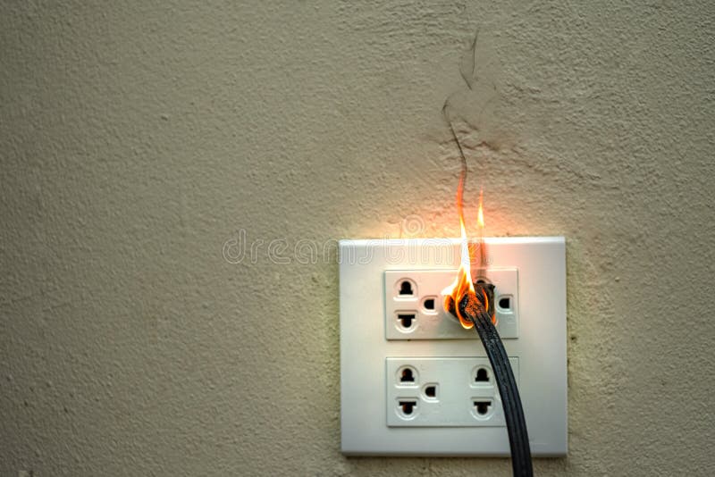 On Fire Electric Wire Plug Receptacle and Adapter on White Background ...