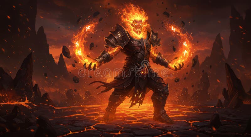 Fire Elemental Warrior Casting Spell in Volcanic Landscape Illustration ...