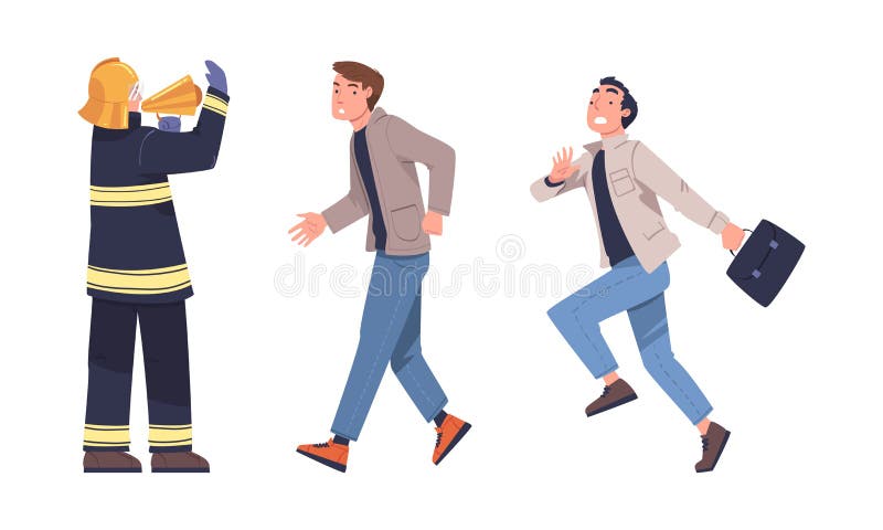 Fire Emergency with Firefighter Warning People with Megaphone Vector ...
