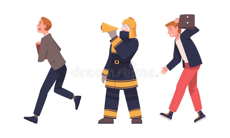 Fire Emergency with Firefighter Warning People with Megaphone Vector ...