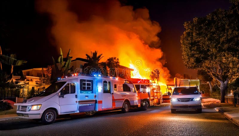 Fire Emergency: House Engulfed in Flames with Responders on Scene Stock ...