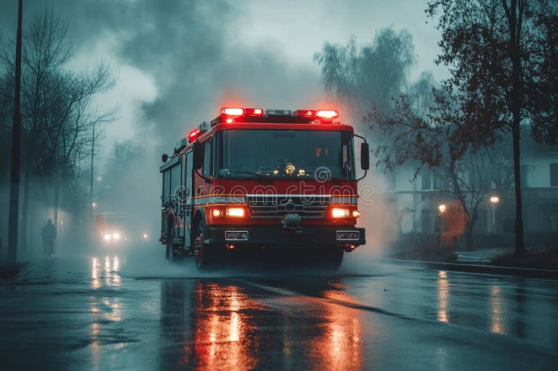 Fire Engine Driving on Wet Road at Night with Flashing Lights and Smoke ...