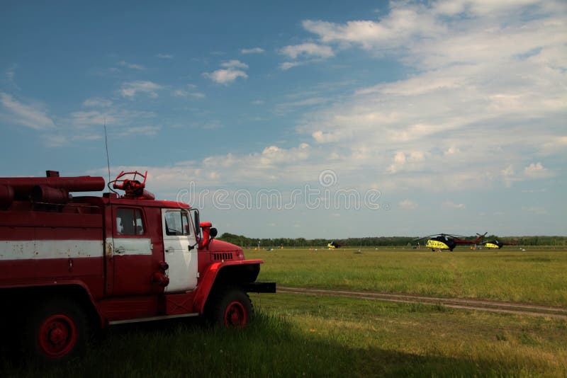 Fire Engine on the Edge of Flying Field of Helicopter Airport Stock ...