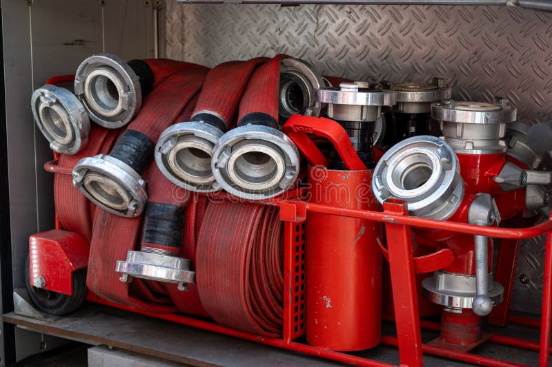 Fire Engine Equipment from the Inside - Fire Hose Hoses Ready for Use ...