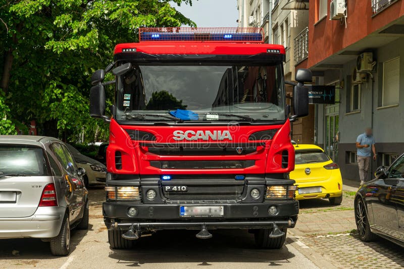 Firefighting Vehicle with Flashing Blue Lights Editorial Photo - Image ...