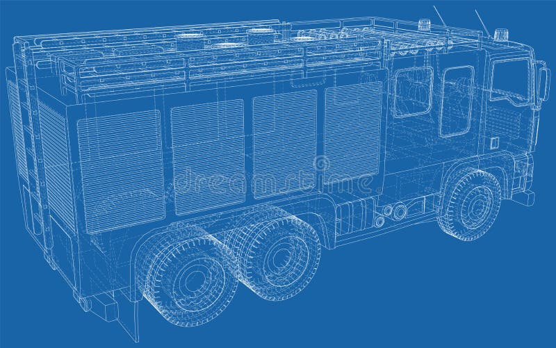 Fire Engine Illustration Vector. Fire Truck Wire-frame Line Isolated ...