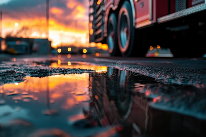 Fire Engine and Ladder Reflected in Water at Sunset with Dramatic Sky ...