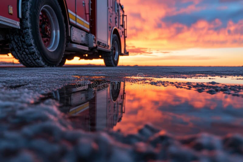 Fire Engine and Ladder Reflected in Water at Sunset for Emergency ...