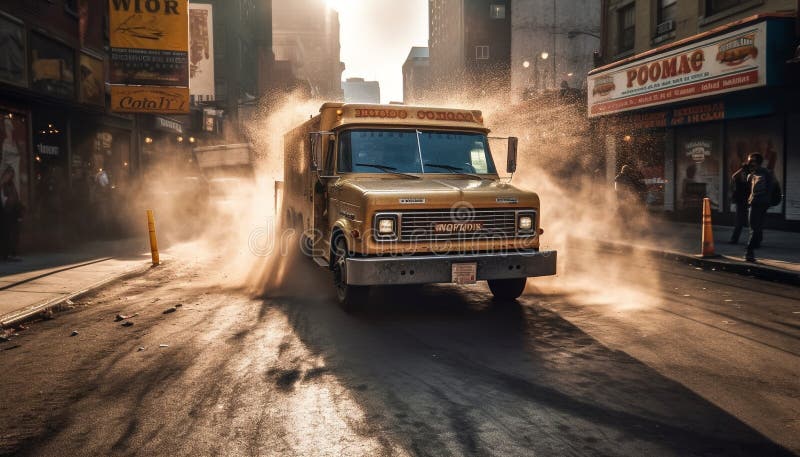 Fire Engine Races through City Traffic To Burning Building Danger ...
