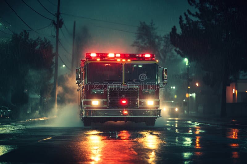 Fire Engine Speeding on a Wet Road at Night with Flashing Lights Stock ...