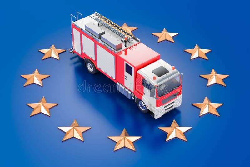 Fire Engine Truck on the European Union Flag. 3D Rendering Stock ...