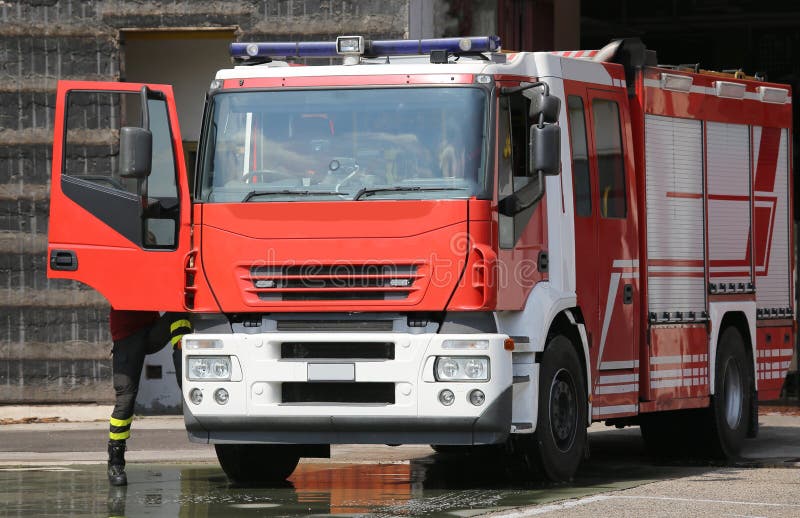 Fire Engine Truck during an Exercise in Fire Brigade Station Stock ...