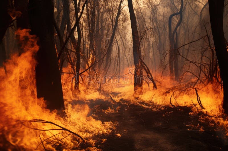 Fire Engulfing a Dry Forest, Showing Flames and Scorched Trees Stock ...