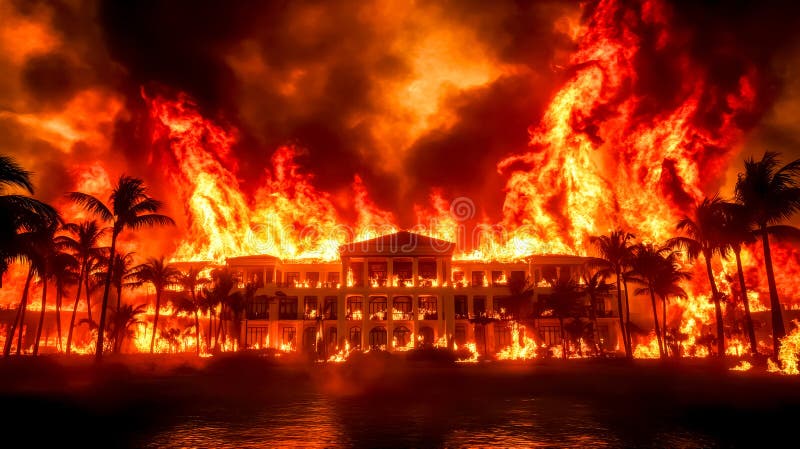 Luxury Resort Engulfed in Flames during Wildfire with Palm Trees ...