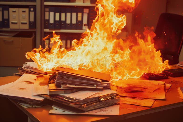 Fire Engulfing Office Paperwork and Files on a Desk Stock Image - Image ...
