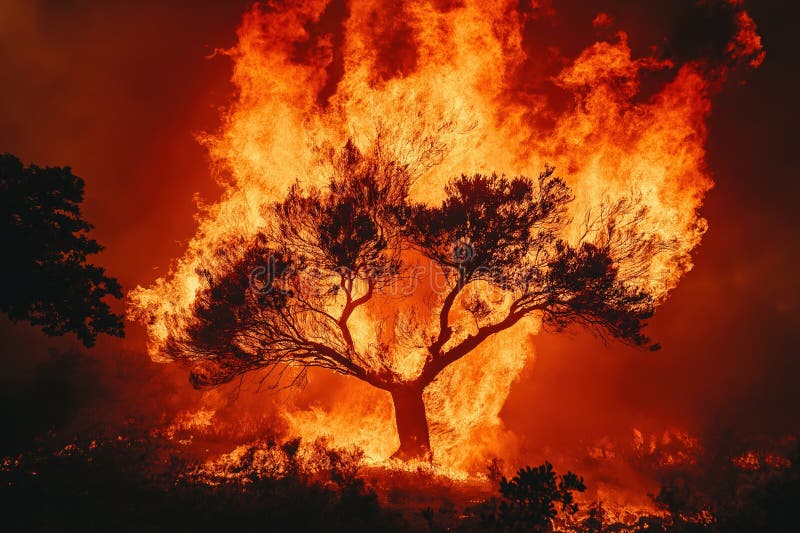 Fire Engulfing a Tree during a Wildfire at Dusk, Showcasing Nature S ...