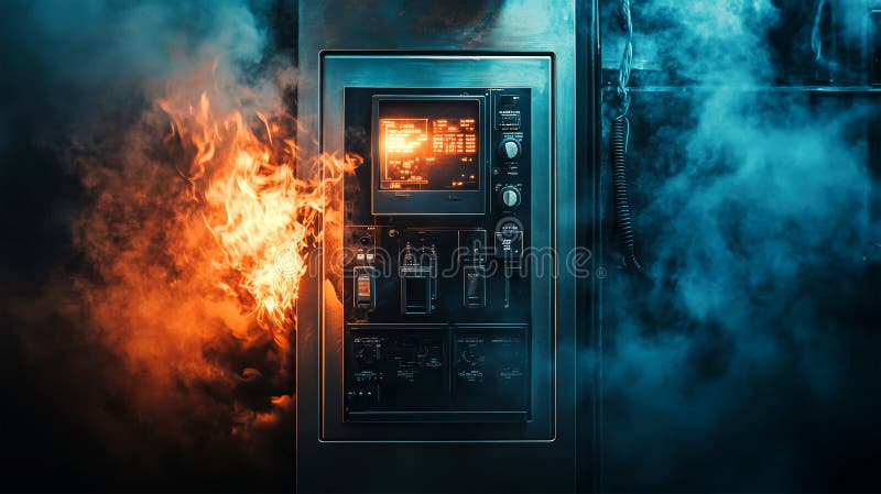 Fire Engulfs Electrical Panel Amid Swirling Smoke Creating a Dramatic ...