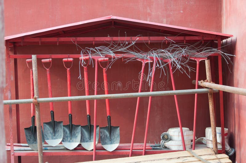 Fire Equipment Cabinet Against Grey Wall Background Stock Photo - Image ...
