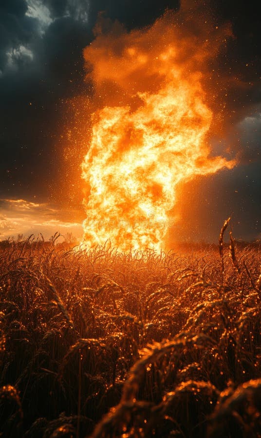 Fire Erupts in Field during Sunset Creating a Dramatic Visual Spectacle ...