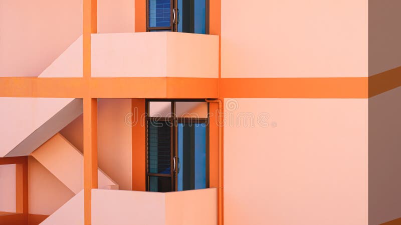 Fire Escape with Exit Doors of Colorful Orange Apartment Building in ...