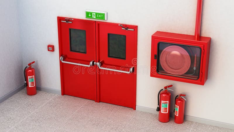 Fire Exit Door, Exit Sign, Emergency Fire Button, Extinguishers and ...