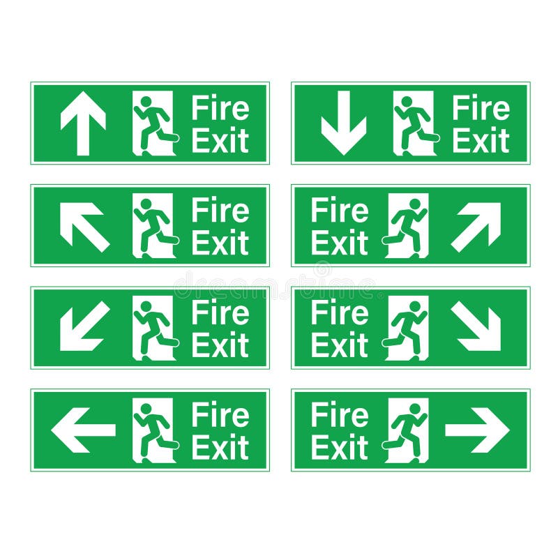 Fire Exit Green Evacuation Signs with Human and Door Stock Vector ...
