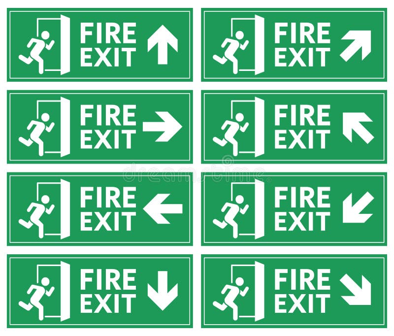 Fire Exit Green Signs, Stickers Set Stock Vector - Illustration of ...