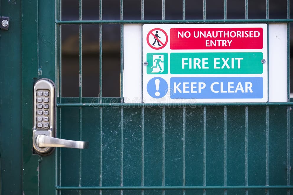 Fire Exit Keep Clear Sign on Construction Building Site Door Stock ...