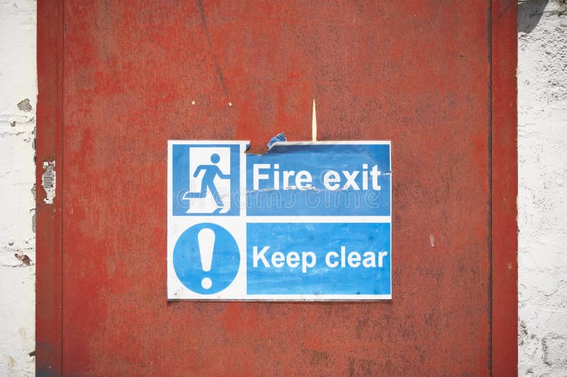 Fire Exit Keep Clear Sign on Construction Building Site Door Stock ...