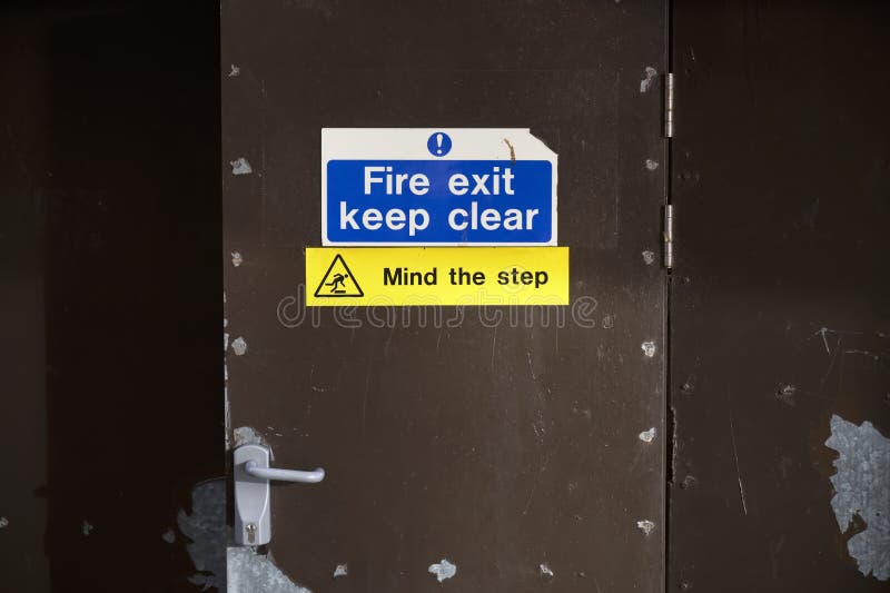 Fire Exit Keep Clear Sign on Construction Building Site Door Stock ...