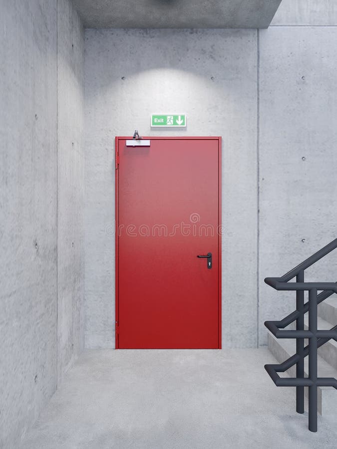 Fire Exit Red Metal Door in Concrete Space Building . 3d Stock ...