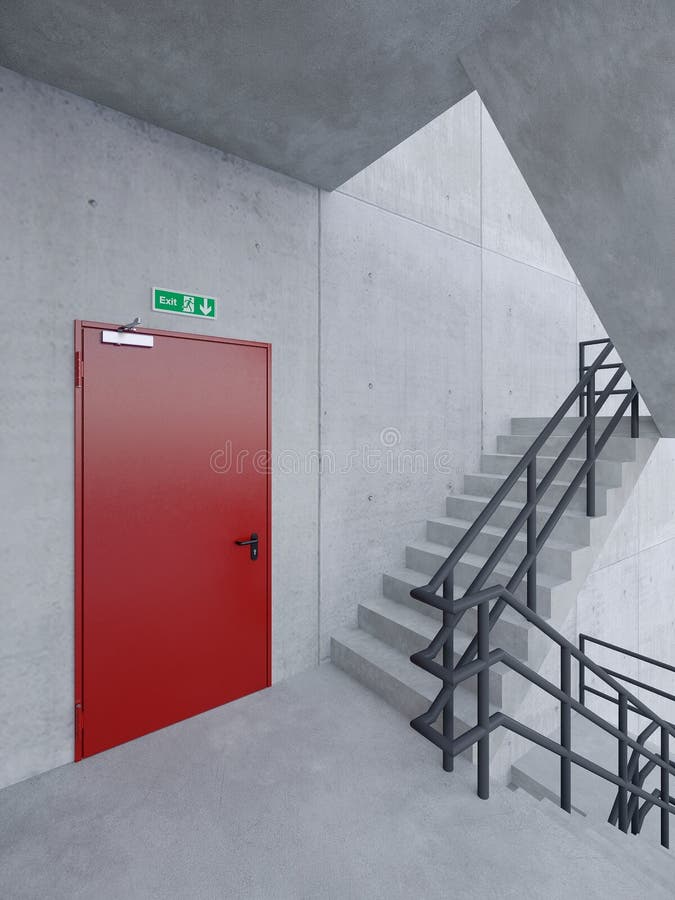 Fire Exit Red Metal Door in Concrete Space Building . 3d Stock ...