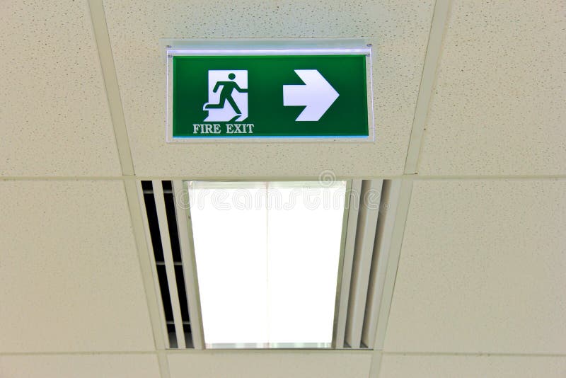 Fire Exit Sign on Ceiling with Light Stock Photo - Image of close ...