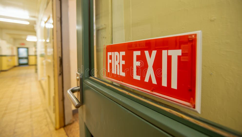 Fire Exit Sign on Door in Hallway Stock Photo - Image of hallway ...