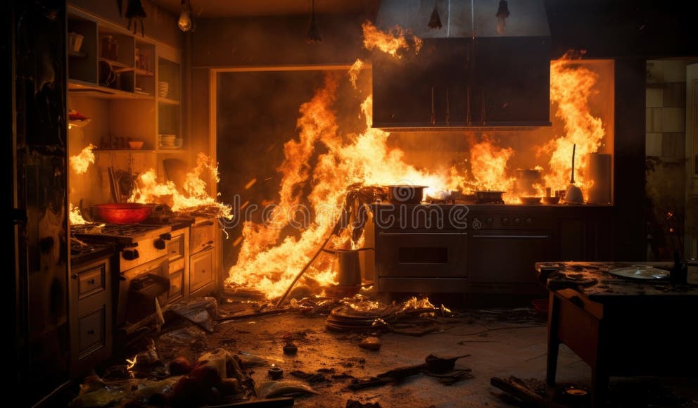 Fire, Explosion with Red Flames of Fire in the Kitchen Stock Photo ...