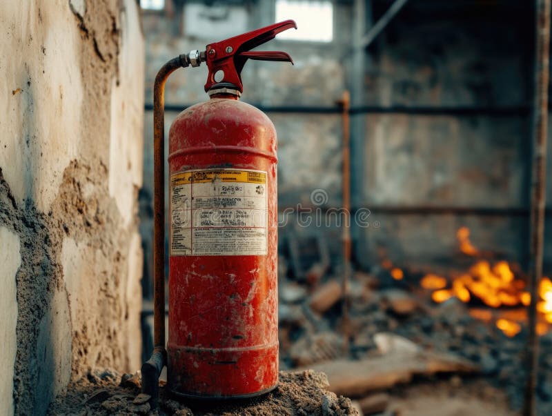Fire Extinguisher Amidst Rubble Stock Photo - Image of building ...