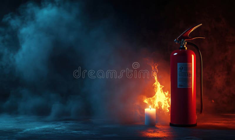 Fire Extinguisher beside Candle with Flames and Smoke in Dramatic ...