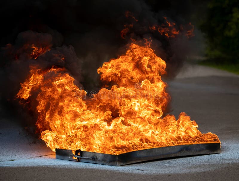 Fire Extinguisher Demonstration with Burning Fire Stock Photo - Image ...
